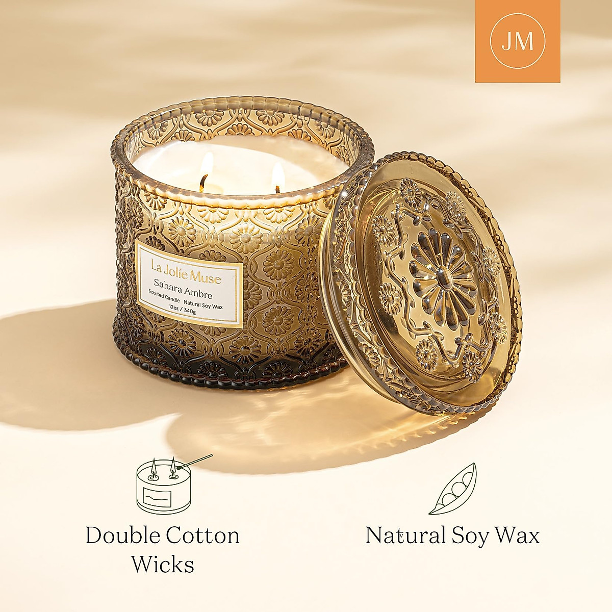 LA JOLIE MUSE Amber Candle, Scented Candles for Home, Large 2-Wick Soy Candles, Candle Gifts for Women & Men, Luxury Jar Candles, 60 Hours Long Burning, Sahara Ambre, 12oz