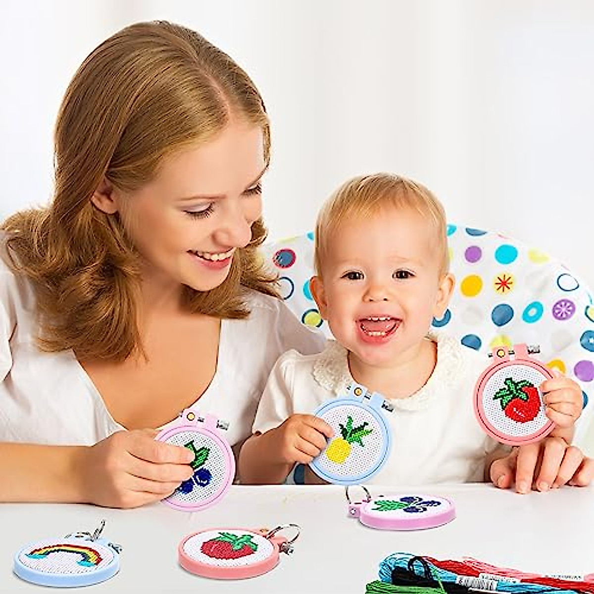 Joysup 6 PCS Embroidery Kit for Beginners Stamped Cross Stitch DIY Key Chain with Fruits Patterns Kits Craft Supplies for Beginners with Instruction Needlepoint Kits Embroidery Kit for Beginners