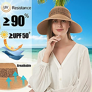 Straw Sun Hat for Women Summer Beach Wide Brim UV Protection Hats with Chin Strap Leopard Khaki Floppy Foldable Packable Ladies Fashion Cute Travel UPF 50 Cap sombreros de playa para mujer para el sol
