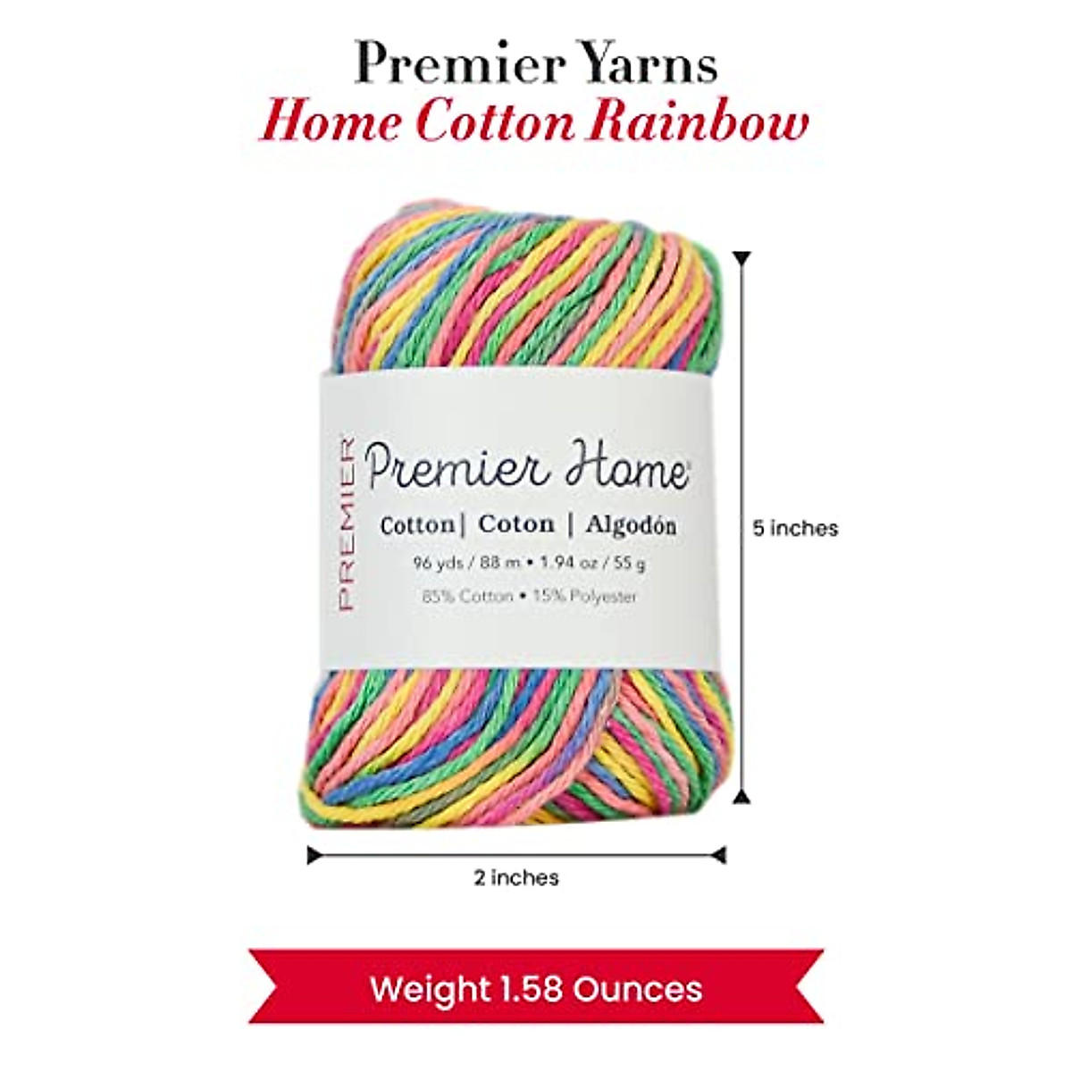 Premier Yarns Home Cotton Yarn, Ideal Knitting and Crochet Supplies, Made of Recycled Cotton, 96 yds, Rainbow