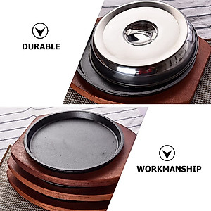 Operitacx 1 Set Western Food Cover Korean Barbecue Dish Sizzling Steak Plate Korean BBQ Grill Pan Metal Steak Plates Pan with Lid Japanese Steak Plate Stove Grill Delicatessen Wood Round