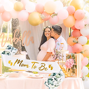 Mom To Be Sash and Daddy To Be Badge Pins for Baby Shower Boy Girl Greenery Sage Green Mom To Be Sash & Dad To Be Pin Gender Reveal Party Decorations Pregnant Mommy Gift (White Style)