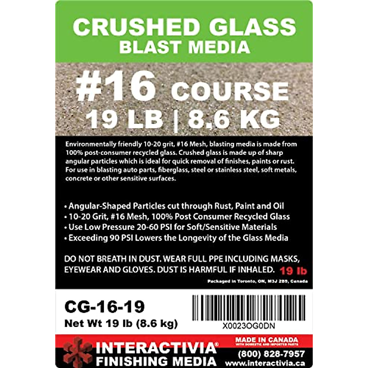 10-20 Grit (#16) Crushed Glass Abrasive - 19 lb or 8.6 kg - Blasting Abrasive Media (Extra Course) #16 Mesh - 1854 to 940 Microns - for Blast Cabinets Or Sand Blasting Guns