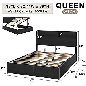 Amerlife Queen Size Lift Up Storage Bed Frame, Wooden Platform Bed Frame with Lifting Storage & Charging Station, No Spring Box Needed/Noise Free, Black