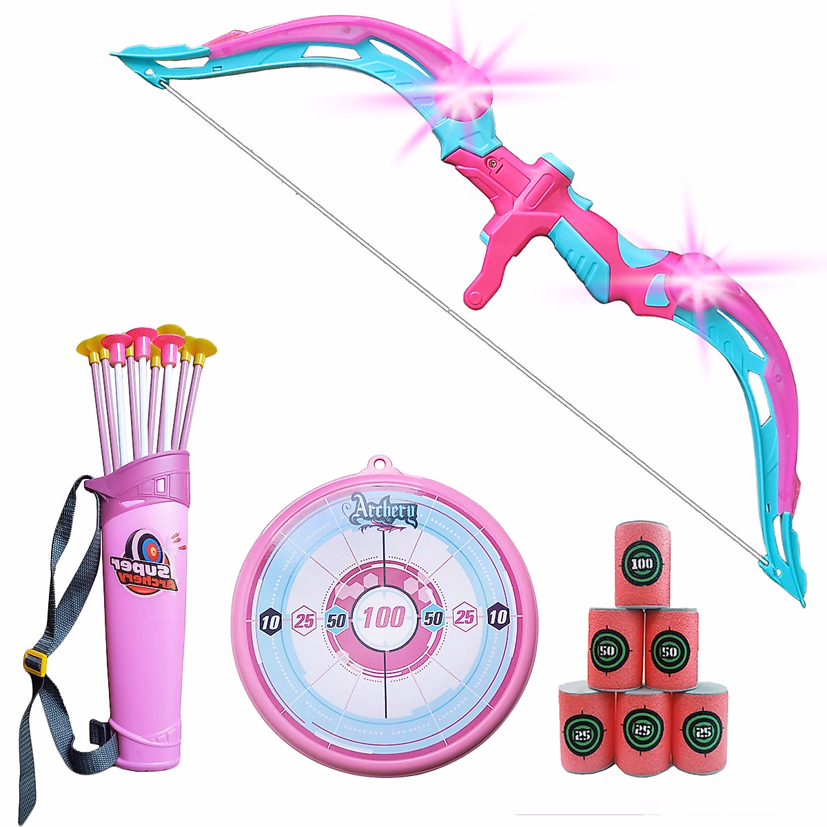 NWESTUN Bow and Arrow for Kids with LED Flash Lights - Archery Bow with 10 Suction Cups Arrows, 6 Foam Targets, Quiver and Target, Gifts for 4-12 Year Old Girls, Pink