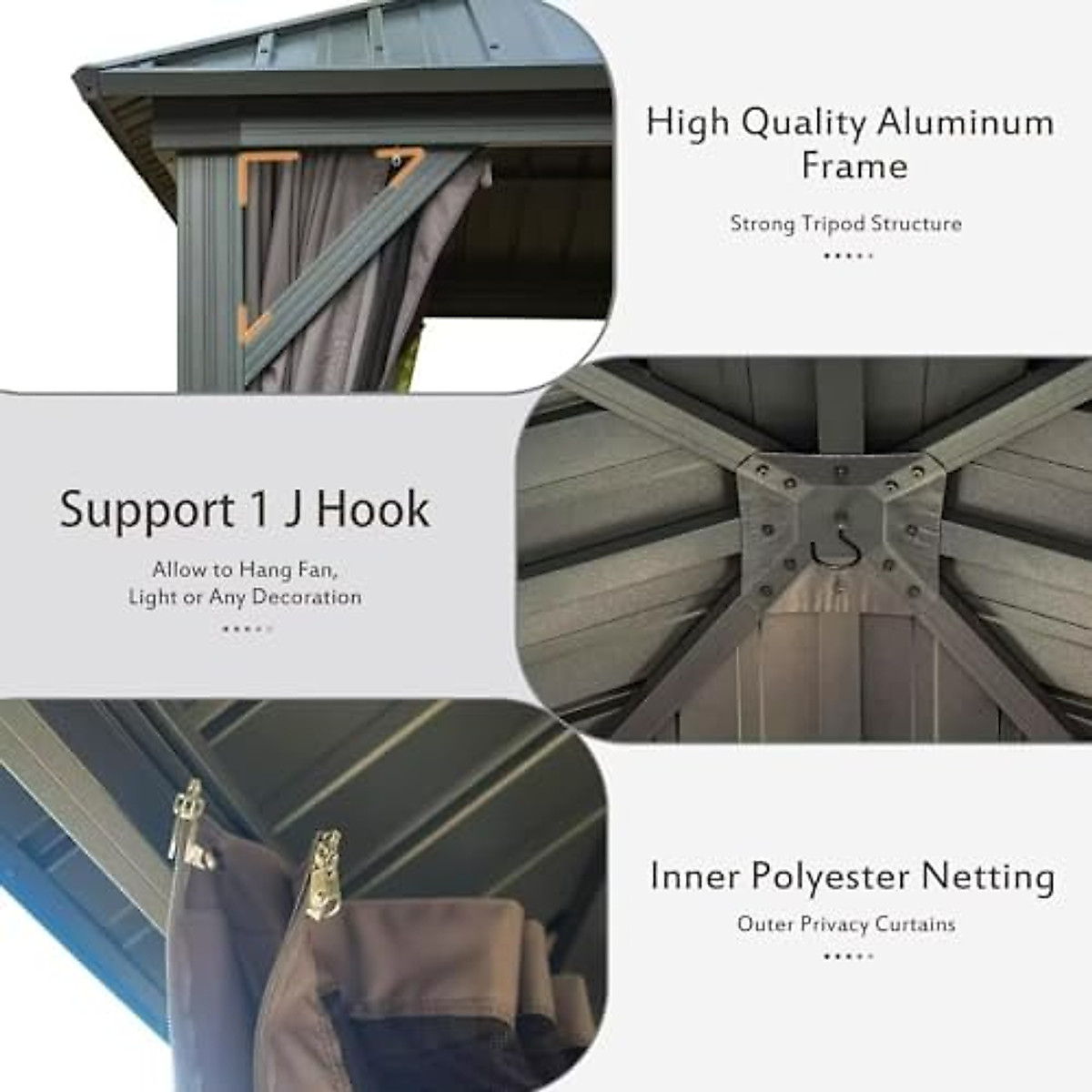 Domi 12’ X 12’ Hardtop Gazebo Canopy with Netting & Curtains, Outdoor Aluminum Gazebo with Galvanized Steel Double Roof for Patio Lawn and Garden, Gray