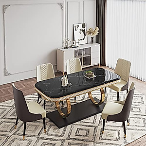 POVISON Dining Table, Black Modern Dining Table for 6, 63'' Rectangular Dining Table with Marble Top for Kitchen & Dining Room, with Unique Stable Luxury Pedestal