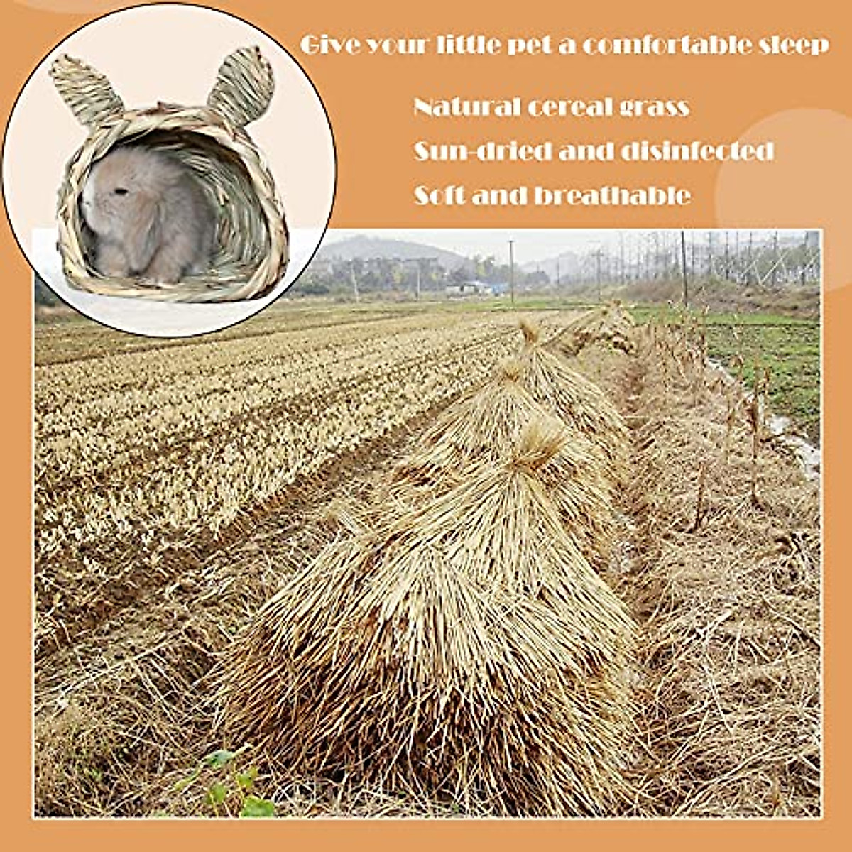 kathson Bunny Grass House Chew Toys Baby Rabbit Hideaway Hut Small Animals Grass Hideout Hand Woven Natural Grass Bedding for Guinea Pig Hamster Chinchilla