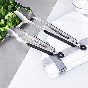 AmazonCommercial Stainless Steel Kitchen Tongs, Non-Slip Grip, 9" and 12" Tong Set, Black, Pack of 2