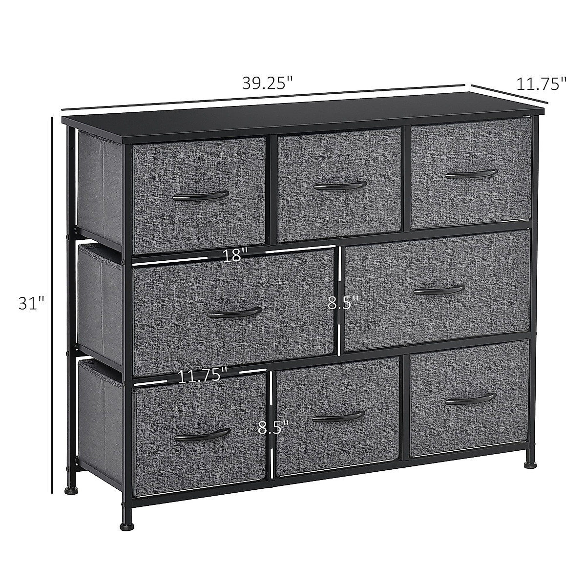 HOMCOM 8-Drawer Dresser, 3-Tier Fabric Chest of Drawers, Storage Tower Organizer Unit with Steel Frame for Bedroom, Hallway, Dark Gray