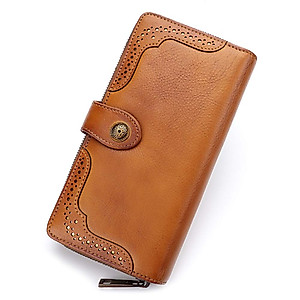Women Wallet Genuine Leather Long Purse Zip Around Vintage Cowhide Handmade Clutch Card Holder Organizer (Brown)