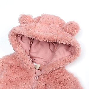 Newborn Baby Warm Snowsuit Cotton Fleece Hooded Romper Bear Pattern Jumpsuit for Baby Girl Boy Pink 0-3M