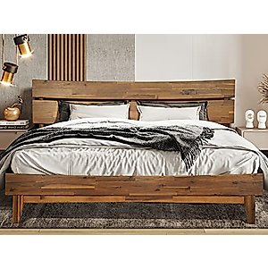 Acacia Aurora 14 Inch Wood Platform Bed, Bed Frame with Headboard, Queen Size, Caramel