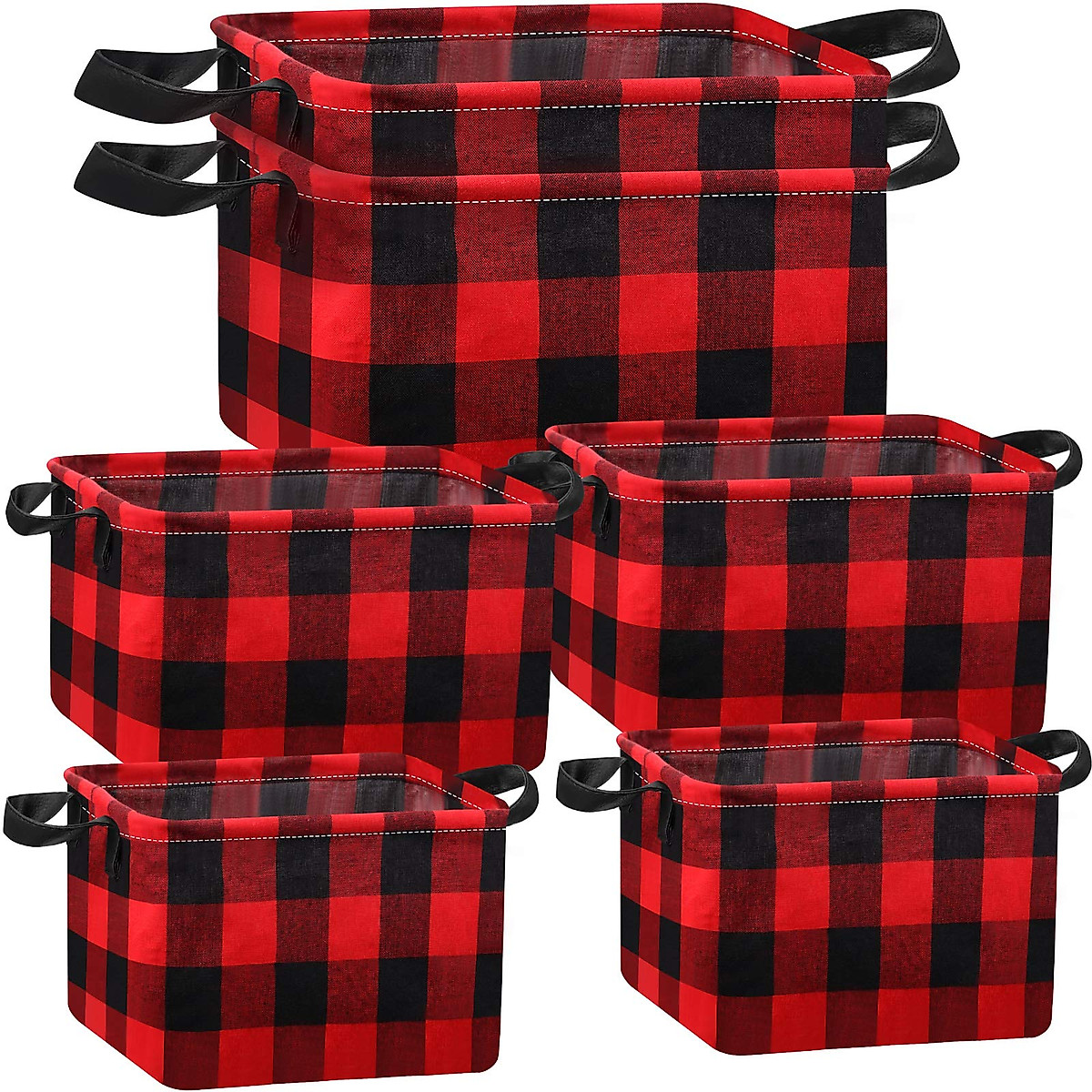 Boao 6 Pcs Buffalo Plaid Basket Square Storage Basket Buffalo Check Basket Bin Solid Storage Organizer with Handles Collapsible Square Organizer for Home Office (Red, Black, Plaid Style)