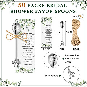 Tioncy 50 Pcs Bridal Shower Favors Tea Spoons 4.9 Inch Silver Stainless Steel Leaf Dessert Teaspoon Coffee Tea Party Favors with Thank You Cards and Rope for Gift Bridal Shower Guests Wedding