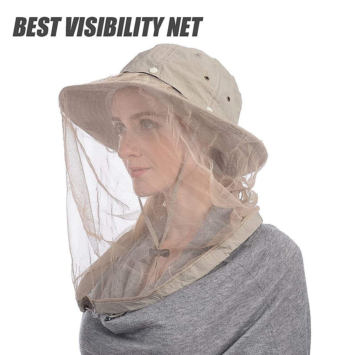 USHAKE Head Net Hat, Safari Hat Sun Hat Bucket Hat with Hidden Net Mesh Khaki