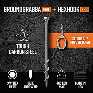GROUNDGRABBA Ground Anchor Screw Kit - 4X Hexhooks & 4X 1 Ft Ground Anchors Heavy Duty for High Winds | Ground Anchor Kit for Swing Sets | Screw in Anchor for Pop-Up Canopy, Tents and More