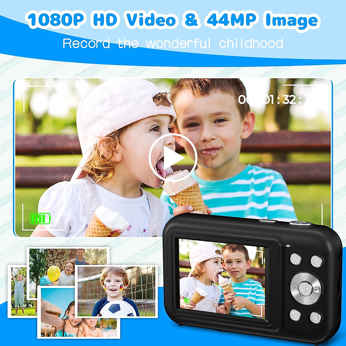 Digital Camera, Kids Camera with 32GB Card, FHD 1080P 44MP Vlogging Camera, 16X Zoom Point and Shoot Digital Camera Compact Portable Rechargeable Cameras for Teens Boys Girls Students Seniors