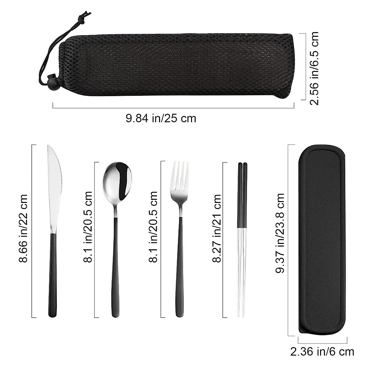 VANRA 4-Piece Portable Travel Utensils Set with Case 18/8 Stainless Steel Flatware Set Reusable Cutlery Set with Fork Spoon Knife Chopstick for Lunch Travel Camping School Work Picnic (Black)