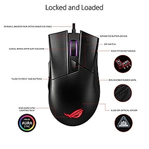 ASUS Optical Gaming Mouse - ROG Gladius II Core | Ergonomic Right-hand Grip | Lightweight PC Gaming Mouse | 6200 DPI Optical Sensor | Omron Switches | 6 Buttons | Aura Sync RGB Lighting