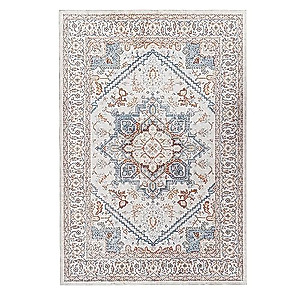 Syalife Washable Rug Vintage Area Rugs, 8'x 10' Living Room Rug with Non Slip Backing, Ultra-Thin Medallion Distressed Non-Shedding Boho Rug, Persian Vintage Floor Mat Indoor Rug (FG11-Beige, 8'x 10')