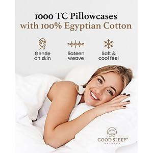 1000 TC White Standard Pillowcases Set of 2 100% Egyptian Cotton Pillow Cases with Long Staple Cotton & Sateen Weave, Silky Soft Hotel - Like Bed Pillow Covers for Comfy Sleeping, Snug Fit