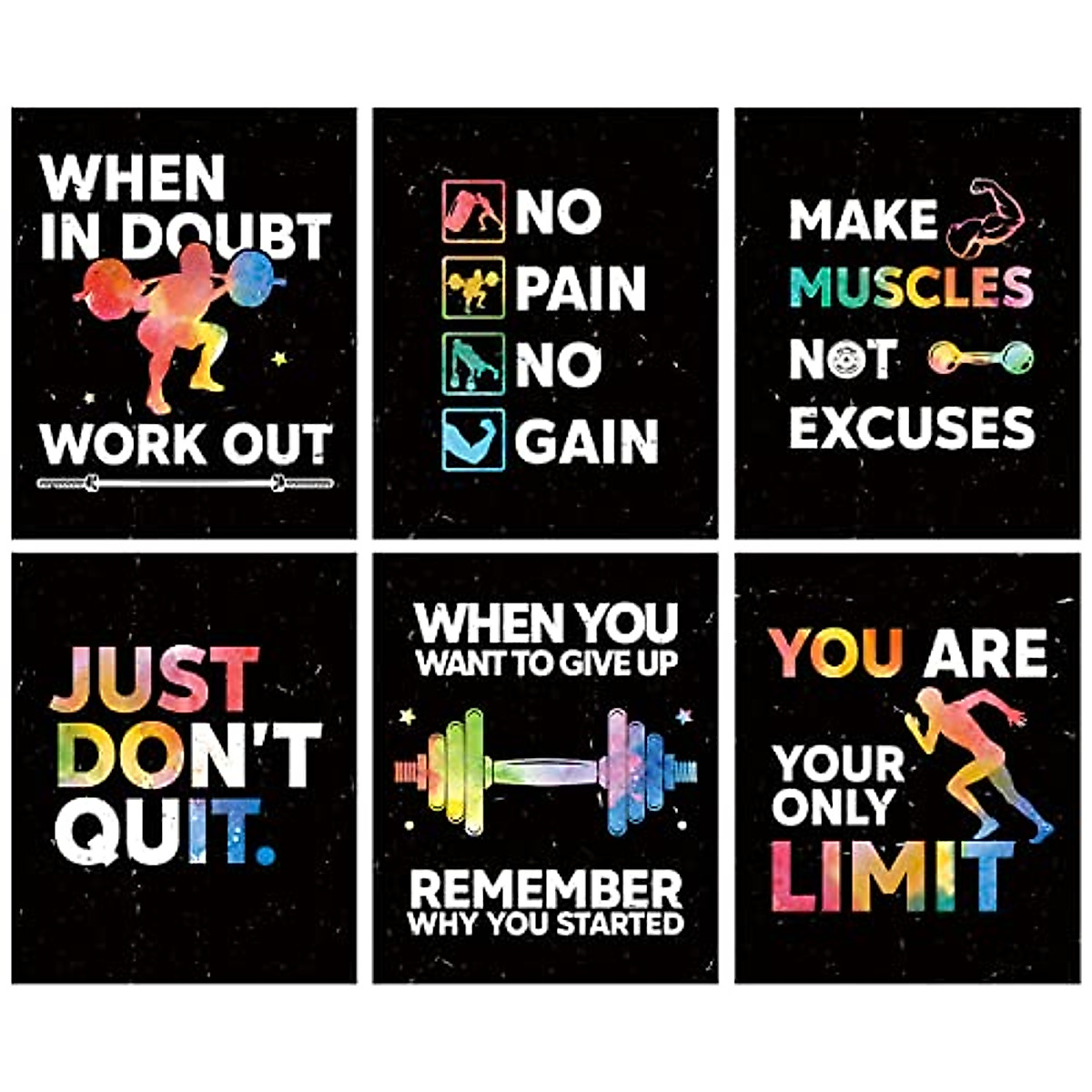 HLNIUC Motivational Gym Wall Art,Inspirational Workout Room Poster, Motivational Words Home Gym Decor Set Of 6(8’’X10’’,Unframed),Positive Canvas Art Print For Gym,Exercise Classroom Decor