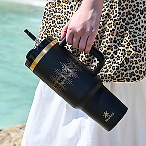 KEWIXY 40 oz Tumbler With Handle and Straw, Gloss Insulated Travel Tumbler, Fits in Cup Holder, Travel Coffee Mug with Lid, Included Leak Proof Straw Cover -Art Lines