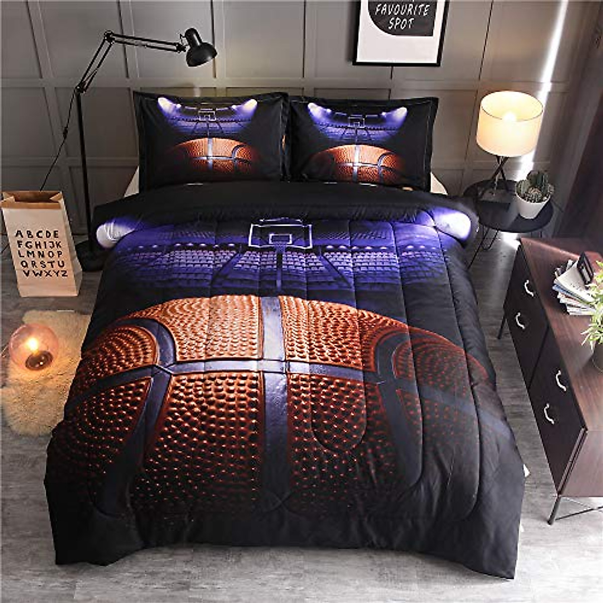Btargot Basketball Comforter Sets Twin for Boys Teens,3D Sports Basketball Bedding,Soft Microfiber Reversible Quilt with 2 Matching Pillow Shams