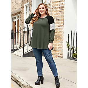 JollieLovin Crewneck Lightweight Sweatshirts for Women Plus Size Color Block Pullover Tops Long Sleeve Raglan Shirt ArmyGreen 3X