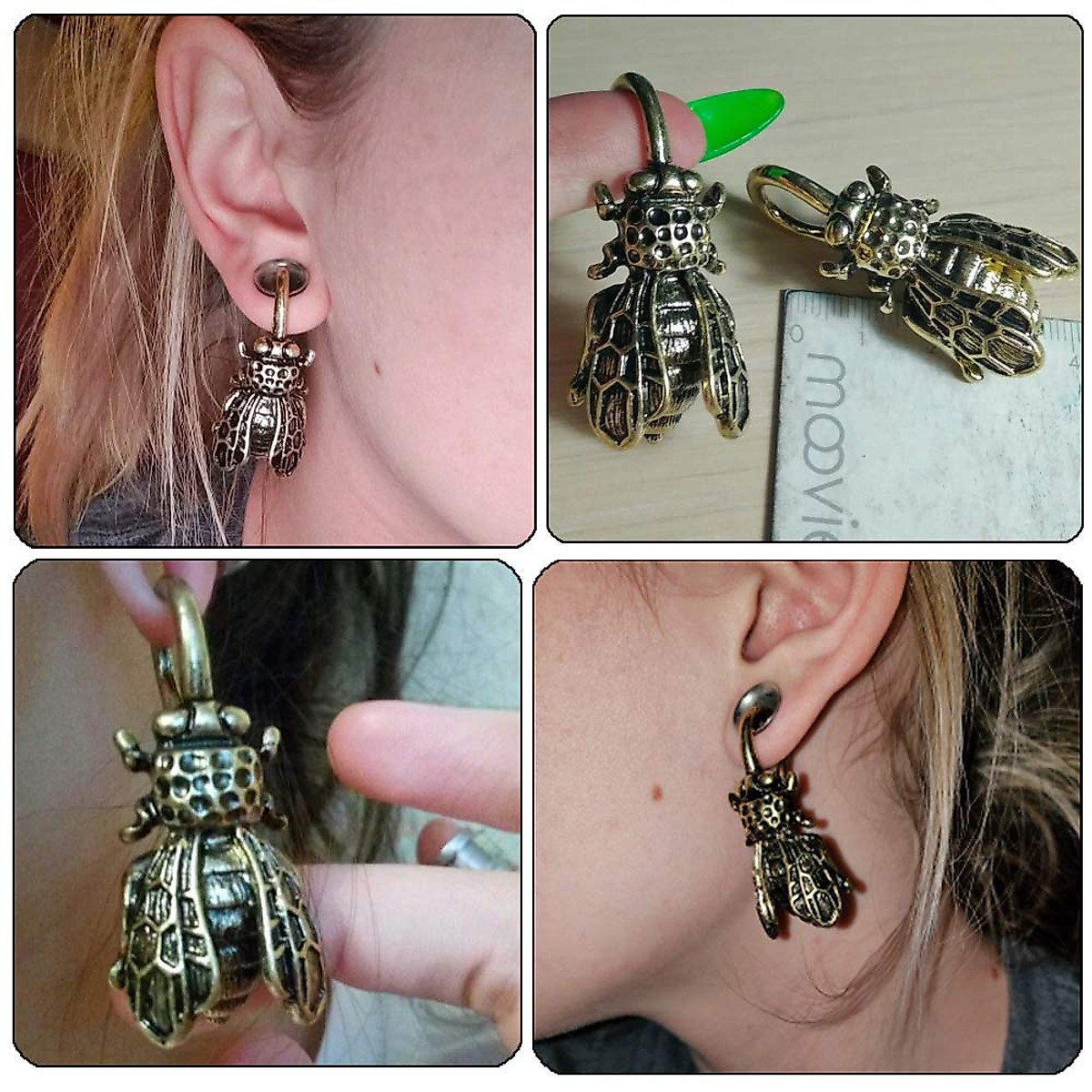 Pair Solid Brass Bee Ear Weights in Tribal Antique hoop earring Body Piercing Jewelry