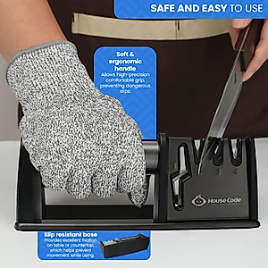 HouseCode Premium TITANIUM Knife Sharpener, 4 in 1 Knife Sharpening with Cut-Resistant Glove, Ergonomic Handle - Sharpen and Polish Kitchen Knives and Scissors, Non-Slip Base for Safe Sharpening (9")