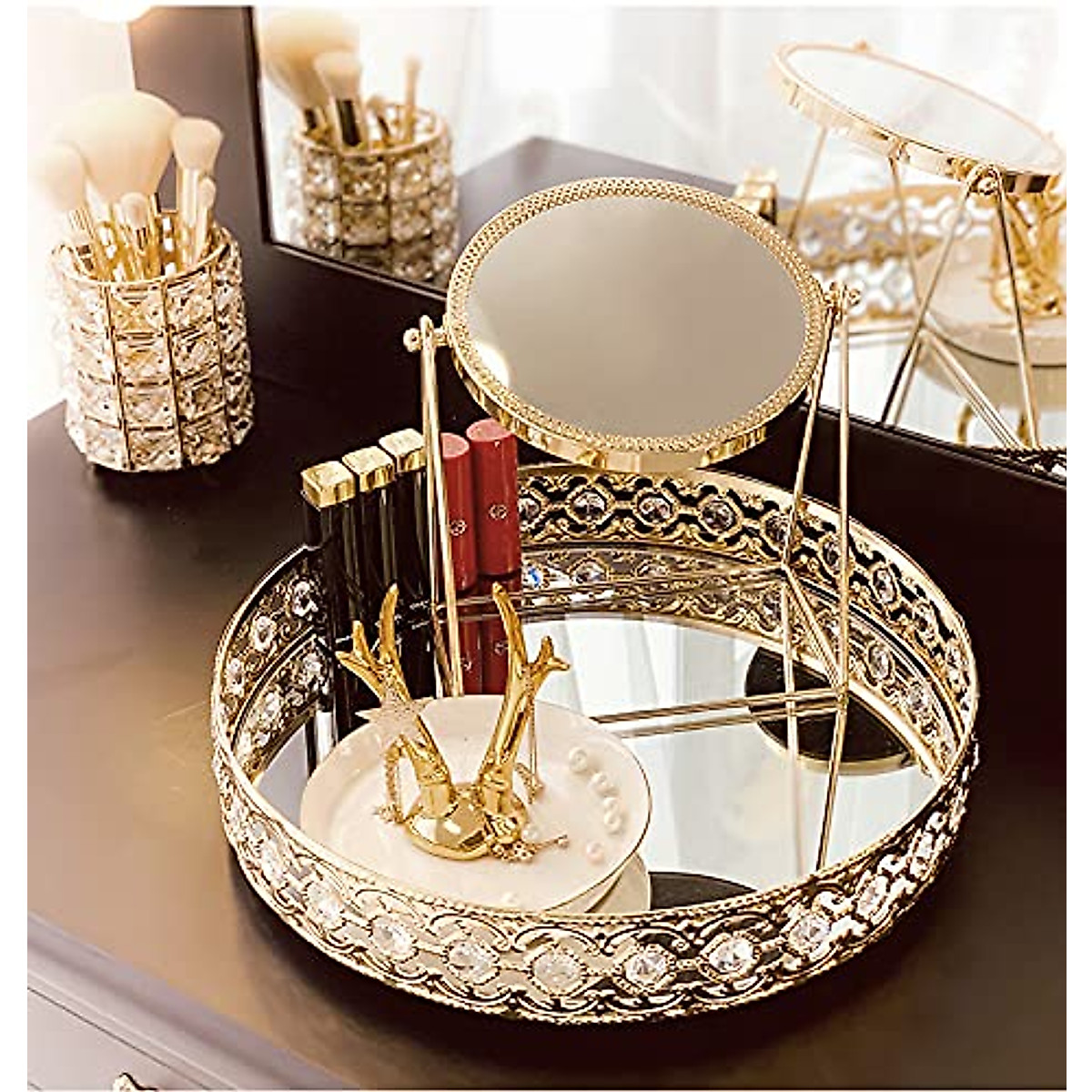ELLDOO Crystal Mirror Vanity Tray - 9.8" Round Jewelry Trinket Tray Gold Decorative Tray for Dresser Glass Makeup Tray Bathroom Tray Storage Perfume Organizer for Bedroom