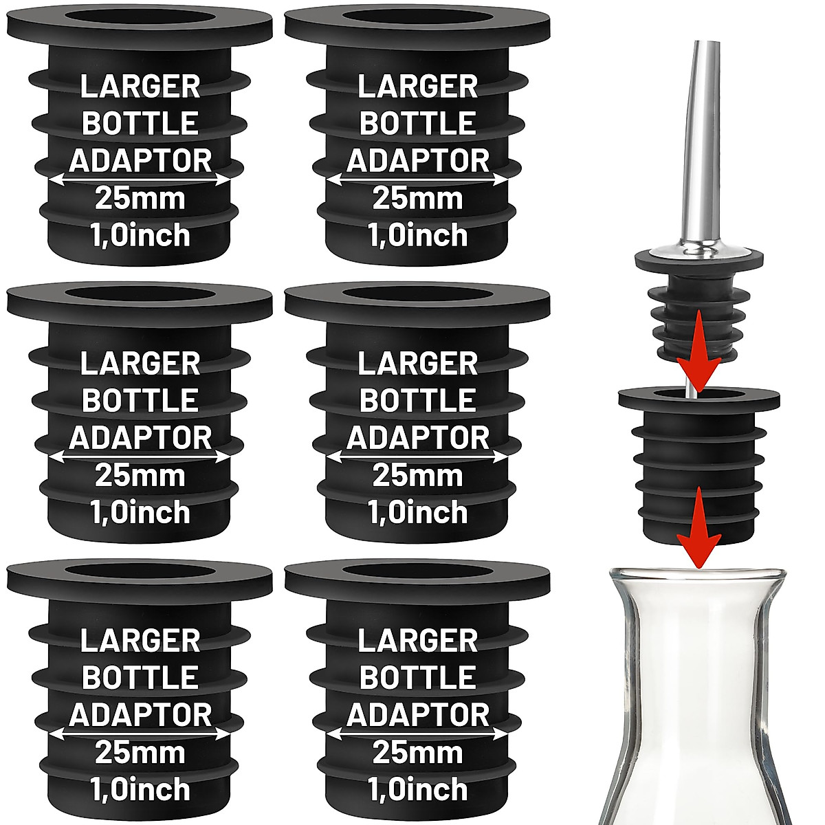 Liquor Pourer Adapters for Large Liquor Bottles and Olive Oil Bottles, Up to 1Inch/25mm Neck Bottle, Converts Regular Size Spout to Large Pouring Spout, 6 Pieces Set