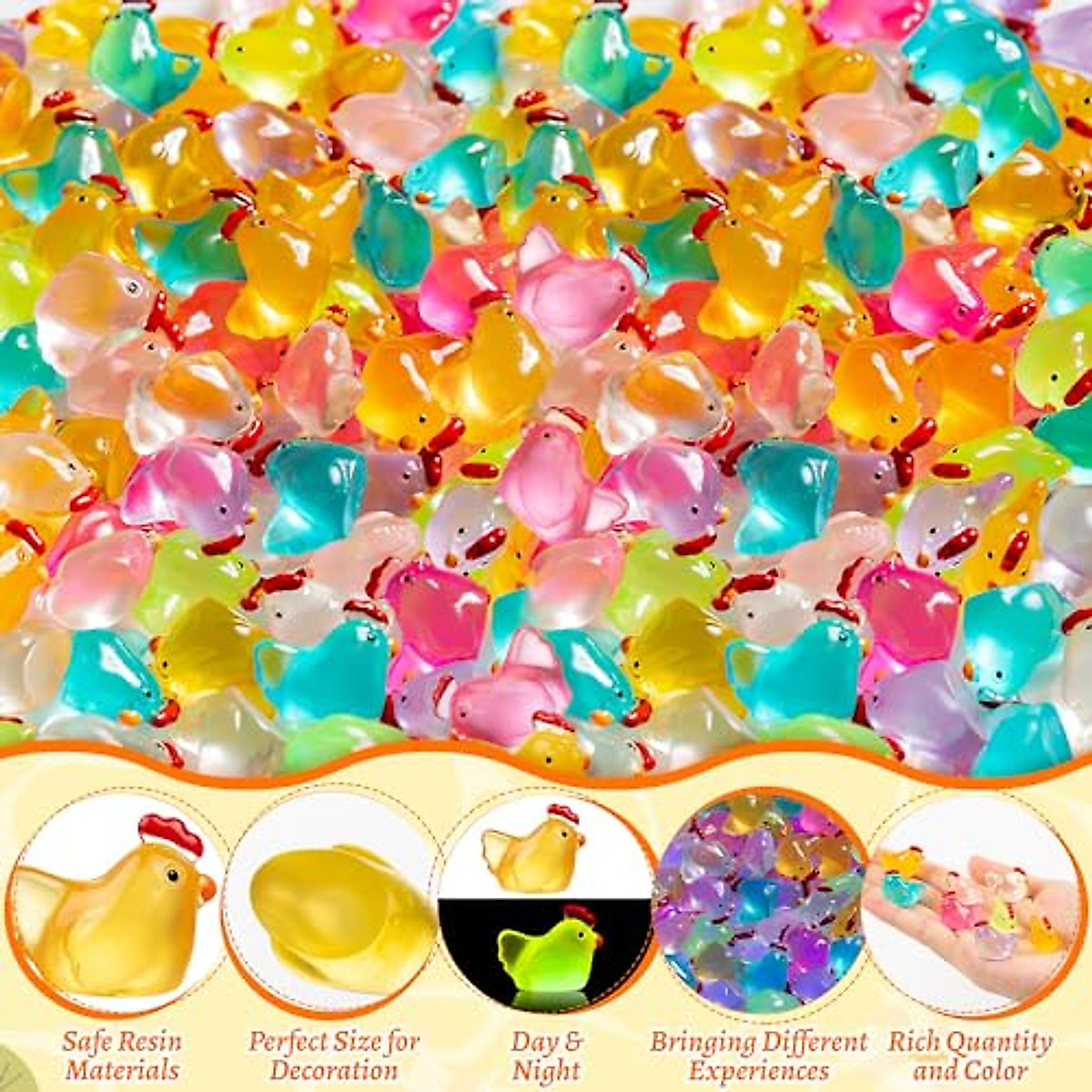 SYWHXY 64PCS Luminous Mini Chicken Figurines Resin Miniature Animals, 8 Colors Tiny Chickens Miniature Glow in The Dark for Dollhouse, Micro Landscape, DIY, Home Outdoor Party Decor