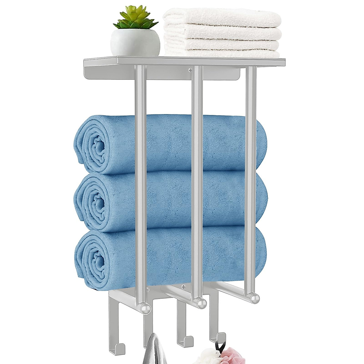 Bathroom Towel Rack with 4 Hooks - Wall Mount Towel Holder for Bathroom with Metal Shelf, Ideal Bathroom Storage Organizer and Decor（Grey）