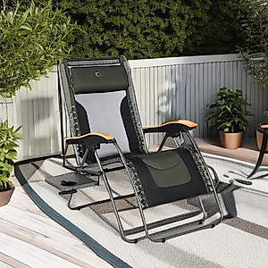 PORTAL Oversized Mesh Back Zero Gravity Reclining Patio Chairs, XL Padded Seat Folding Patio Lounge Chair with Adjustable Pillows and Cup Holder for Poolside Backyard/Lawn, Support 350lbs