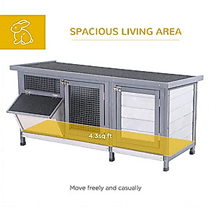 PawHut Wooden Rabbit Hutch Bunny Hutch Cage Guinea Pig with Waterproof Roof, No Leak Tray and Feeding Trough, Indoor/Outdoor, Gray