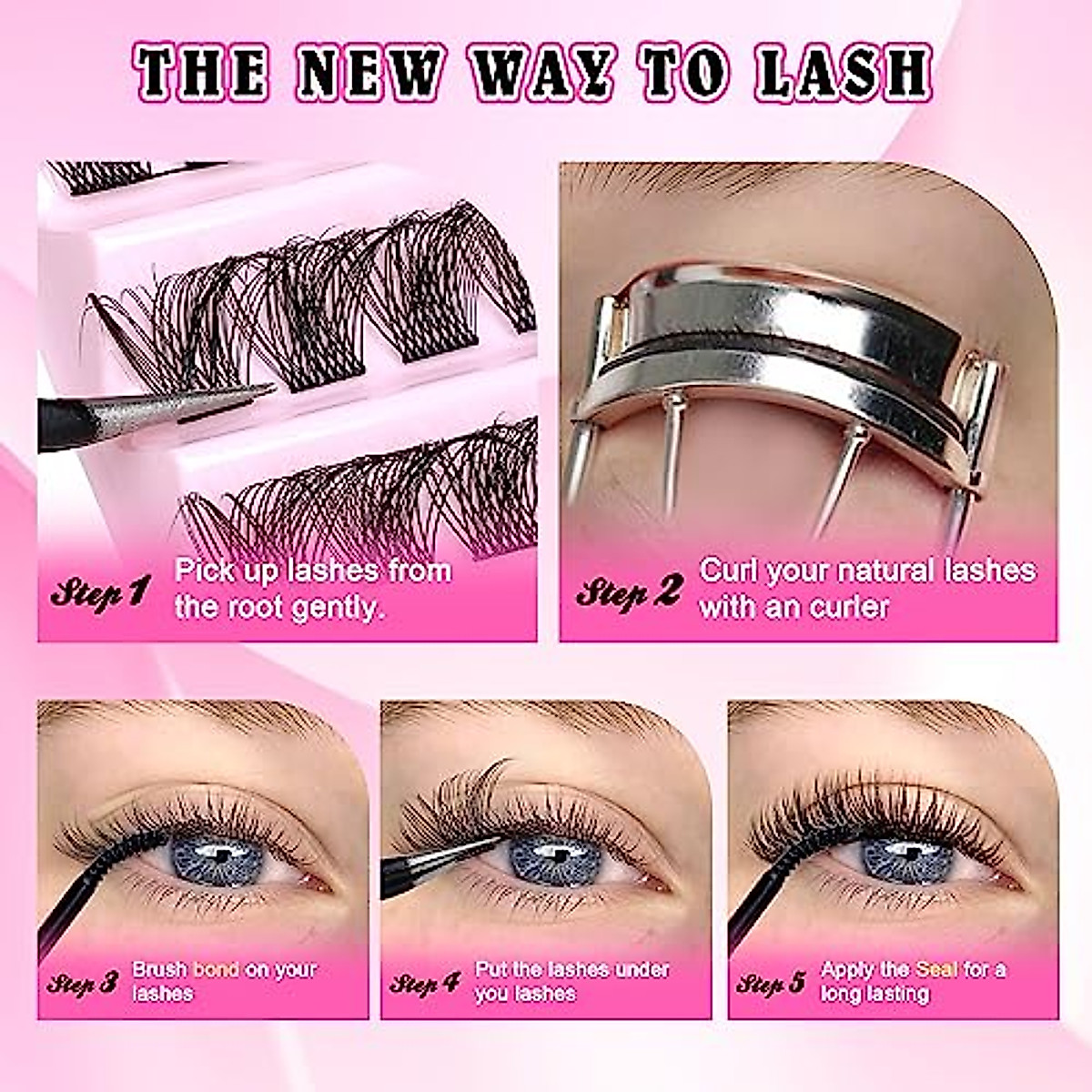 Lash Extension Kit, 130Pcs Lash Clusters with Bond Seal and Lash Applicator Tool Tweezer DIY Individual Eyelashes Kit Natural D Curl 8-16MM Lash Clusters Eyelash Extension Kit DIY at Home by JIMIRE