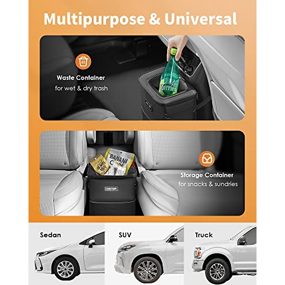 HOTOR Trash Can with Lid and Storage Pockets, 100% Leak-Proof Organizer, Waterproof Garbage Can, Multipurpose Trash Bin for Car - Black