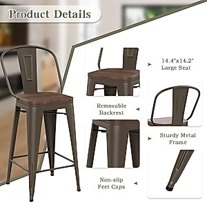 Yongqiang 26 inch Bar Stools Set of 4 Kitchen Counter Height Bar Chairs High Back Metal Barstools with Large Wooden Seat Industrial Rusty