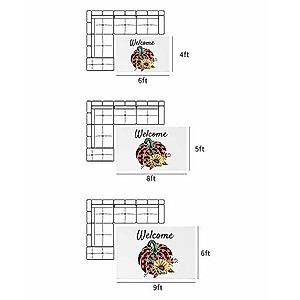 Farm Thanksgiving Buffalo Plaid Pumpkin Sunflower Cotton Outdoor Area Rug 4x6ft,RV Camping Rugs White Outside Mat Rubber Backing Carpet for Indoor Outdoor Patio Deck Porch Balcony