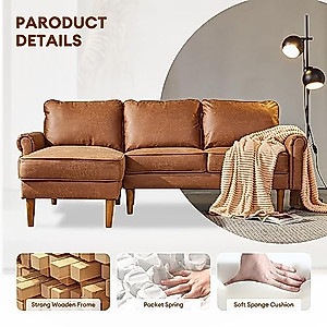 ovios Mid-Century Sectional Sofa, 81.5" L-Shape Sofa Couch with Chaise, Faux Leather Couch with Curved Arm and Solid Wood Legs for Living Room, Left Chaise, Brown