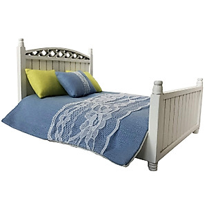 Dollhouse Bedding, 4 Piece Set with Comforter & Pillows, Blanket, Realistic Bedroom Accessories for 6 inch Dolls, 1/12 Scale, Blue Yellow