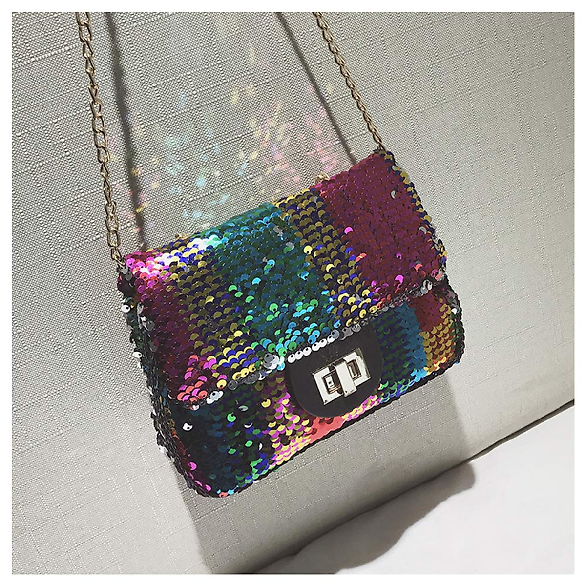 Sequin Crossbody Purse Shoulder Bags Rainbow Stylish Handbag Reversible Pouch with Chains for Girls Womens
