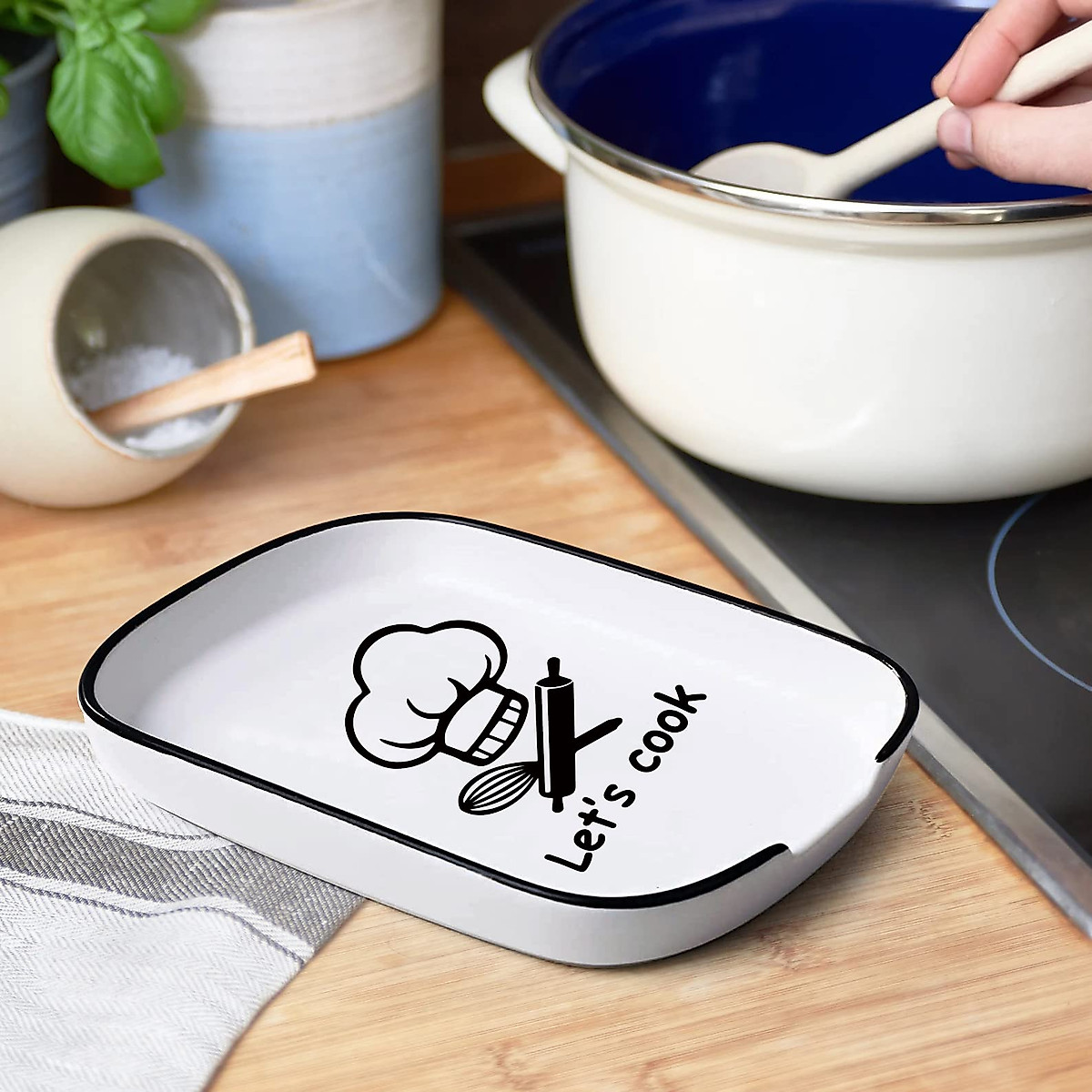 Ceramic Patterned Fork Spoon Rest with Message Let's Cook, Functional Kitchenware Spoon Rest Suitable for Kitchen Countertop or Stove Top Kitchen Accessory and Gift for Cooking Enthusiasts