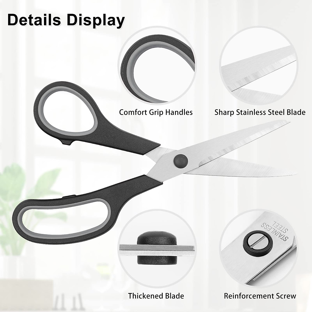 PYOF Scissors, 8" Scissors All Purpose Stainless Steel Craft Scissors Sharp Fabric Scissors Comfort Grip Scissors for Office School Home Right/Left Handed 5 Packs(Yellow, Green, Blue)