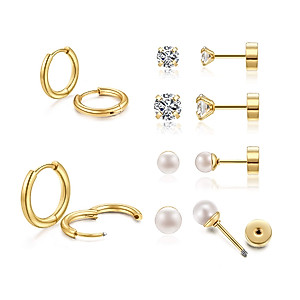 Minimalist Earring Sets for Multiple Piercing|14K Gold Plated Flat Screw Back Studs and Hoops Set for Women:Small Hoops,Flat back Pearl and CZ Earrings Studs for Cartilage,Helix,Lobe,Pack of 6 Pairs
