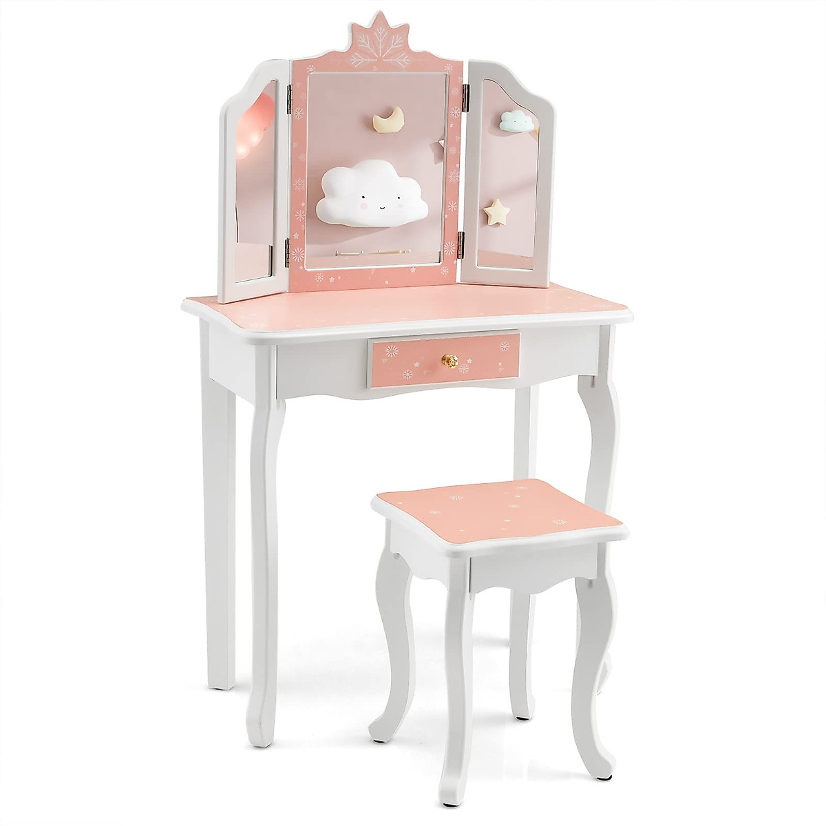 Costzon Kids Vanity Table and Chair Set, Girls Vanity Set with Mirror and Stool, Storage Drawer, Wooden Princess Makeup Dressing Table, Toddler Vanity, Pretend Play Vanity Set for Little Girls