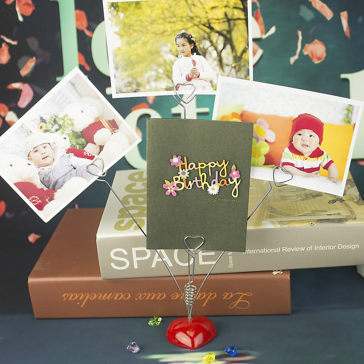 BinaryABC Heart Shape Photo Holder,Gift Card Holder Tree,Place Card Holder(Silver+Red)